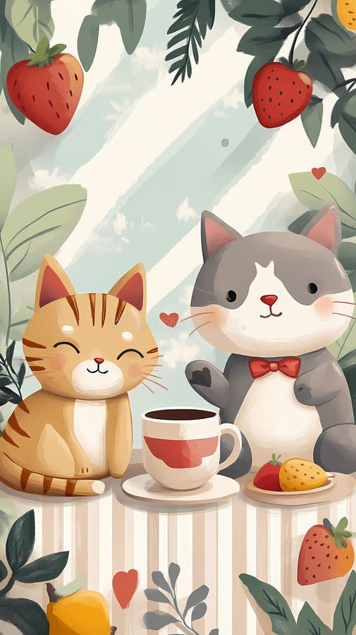 A Cute Illustration of Two Cats Enjoying Tea and Strawberries in a Cozy ...