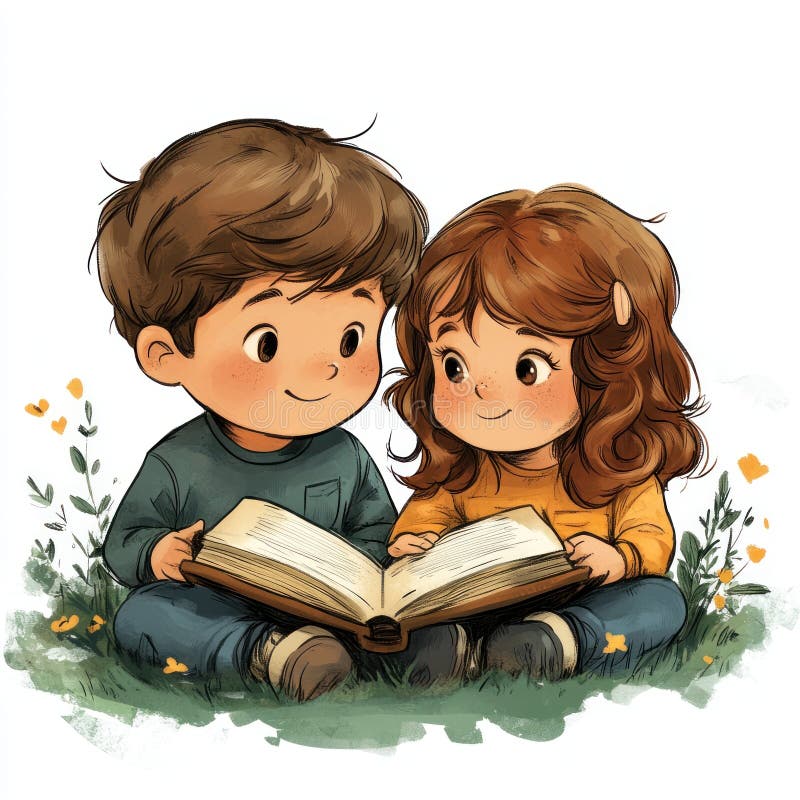 Cute Illustration of Two Children Reading a Book Together Stock ...