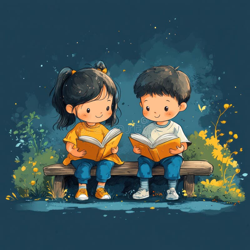 Cute Illustration of Two Children Reading Books on a Bench Stock ...