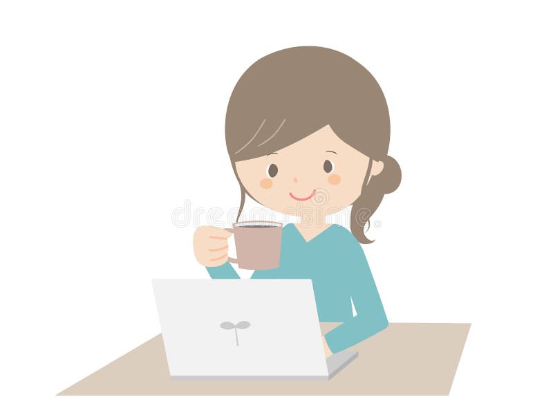 Woman Drinking Coffee while Looking at the Computer Stock Vector ...