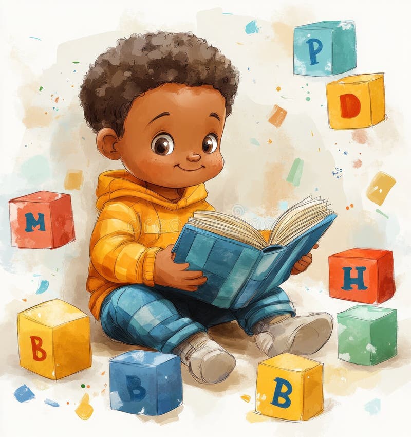Cute Illustration of a Young Boy Reading a Book Surrounded by Colorful ...