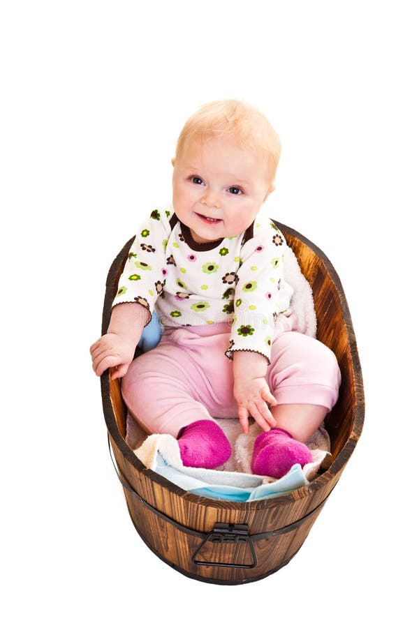 Cute Infant in Wooden Bucket Stock Photo - Image of comfortable, infant ...