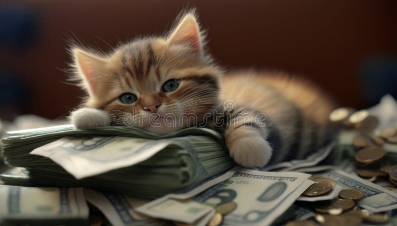 Cute Innocent Kitty Silly Lying on a Pile of Cash Image Generative AI ...