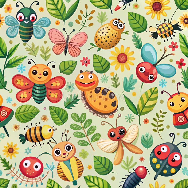 Cute Insect and Flower Pattern Stock Photo - Image of children, nursery ...