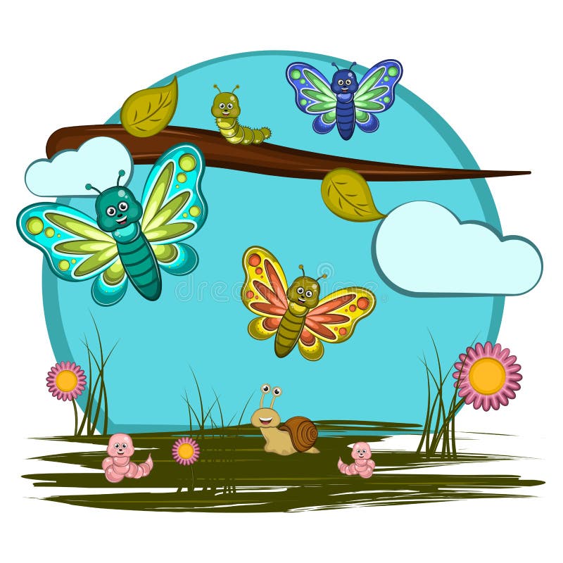 Cute Insects in a Cartoon Landscape Stock Vector - Illustration of ...