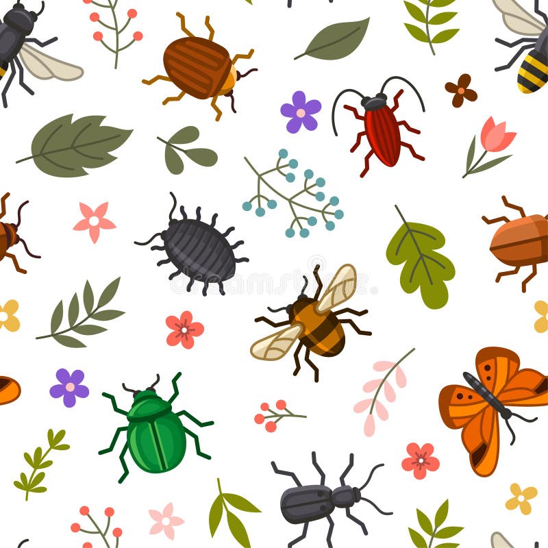 Cute Insects and Flowers Seamless Pattern on White Background. Vector ...