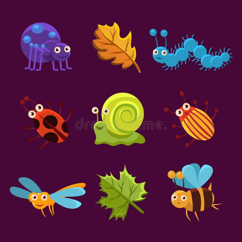 Cute Insects and Leaves with Emotions. Vector Stock Vector ...