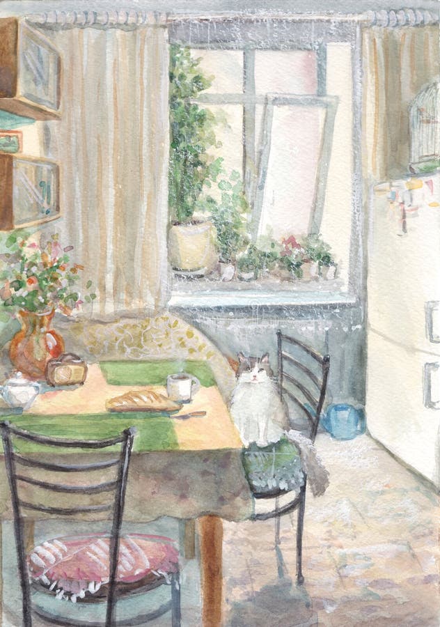 Cute Interior of the Morning Kitchen, Watercolor Stock Illustration ...