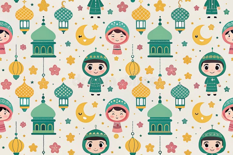 Cute Islamic Pattern with Children, Lanterns, and Mosques Stock ...