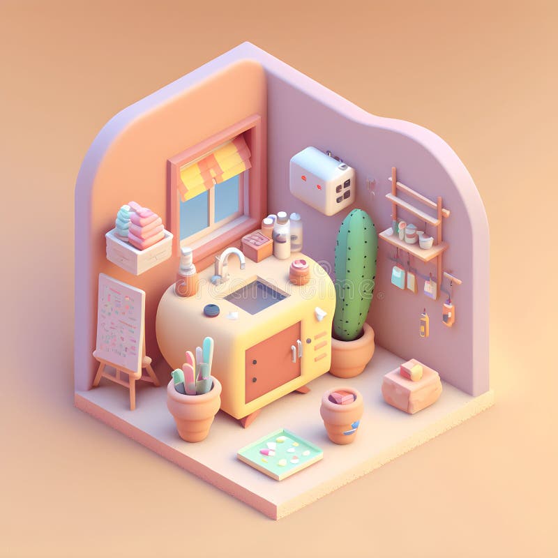 Cute Isometric Apartment Room Stock Illustration - Illustration of ...