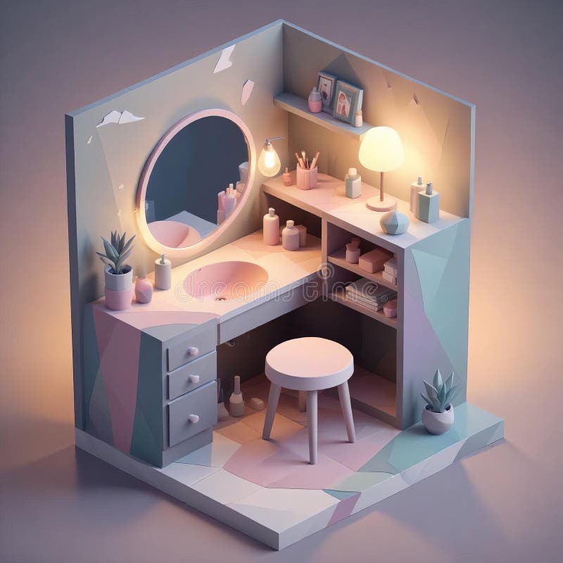 Cute Isometric Clay 3D Bedroom Vanity in Pastel Colors Stock ...