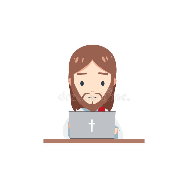 Cute Jesus is Using a Computer. Isolated Vector Illustration Stock ...