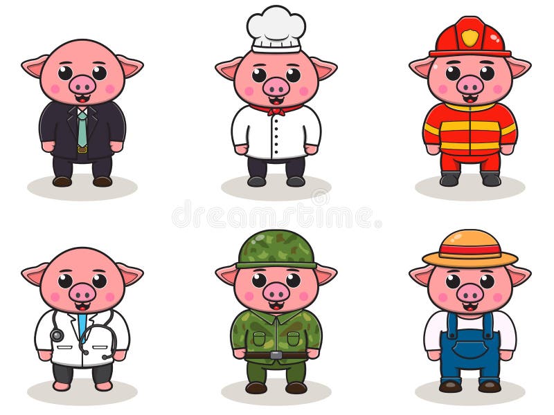 Cute Job Pigs Cartoon Bundle Set. Stock Illustration - Illustration of ...