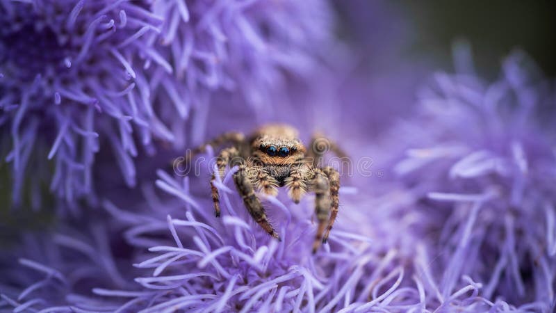 Cute Jumping Spider on Purple Lush Flower Close Up Stock Photo - Image ...
