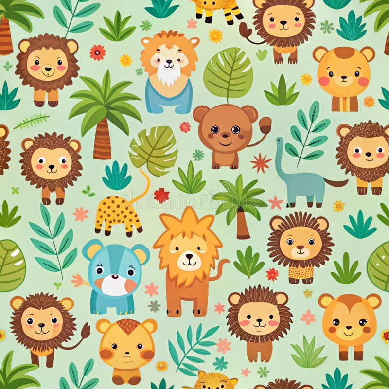 Cute Jungle Animals in Lush Foliage, Creating a Frame. Stock ...
