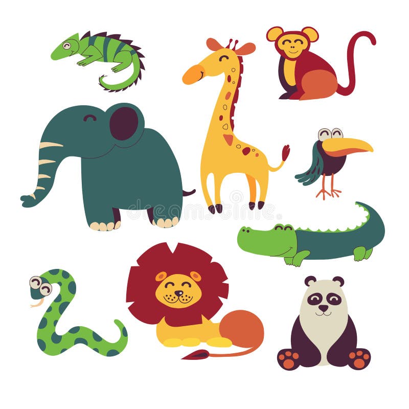 Cute Jungle Animals Vector Set Isolated on White Stock Vector ...
