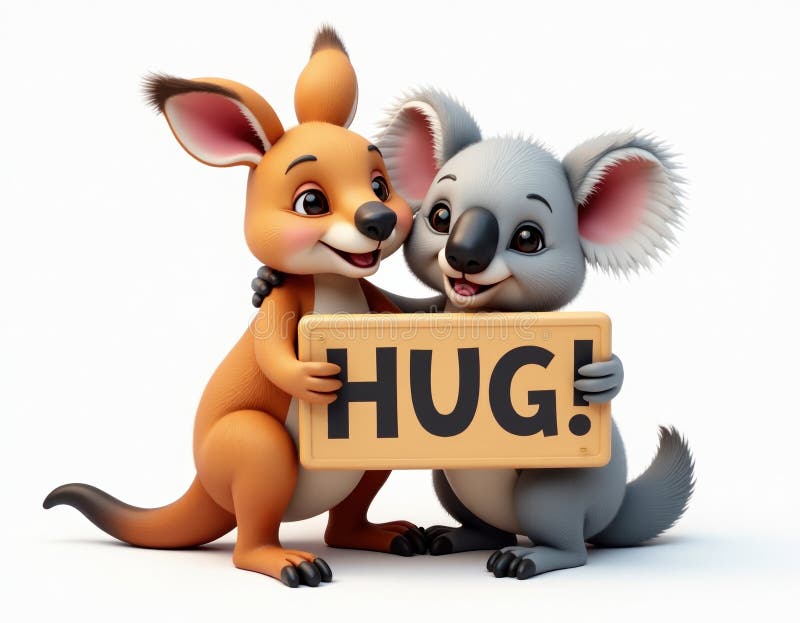 Cute Kangaroo and Koala Hugging with Hug Sign - 3D Render Stock ...