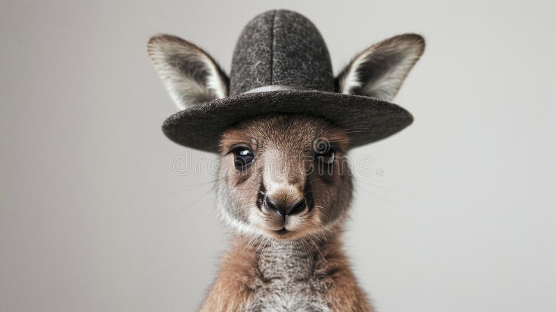 Cute Kangaroo Wearing Stylish Gray Fedora Hat on Neutral Background ...