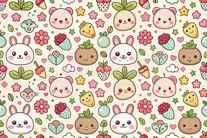 Cute Kawaii Animals and Fruits Seamless Pattern Stock Illustration ...