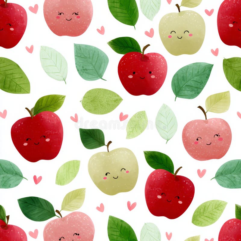 Cute Kawaii Apple Pattern with Smiling Faces and Green Leaves on White ...