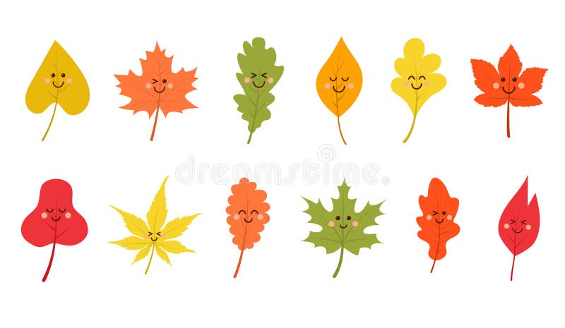 Cute Kawaii Autumn Leaf Set. Vector Cartoon Illustration Stock Vector ...