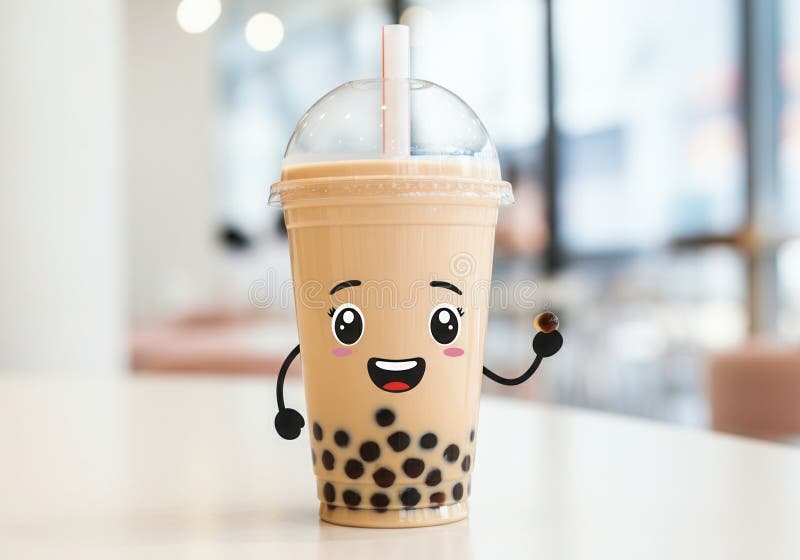 Cute Kawaii Bubble Tea Cup with Smiling Face and Tapioca Pearls in ...
