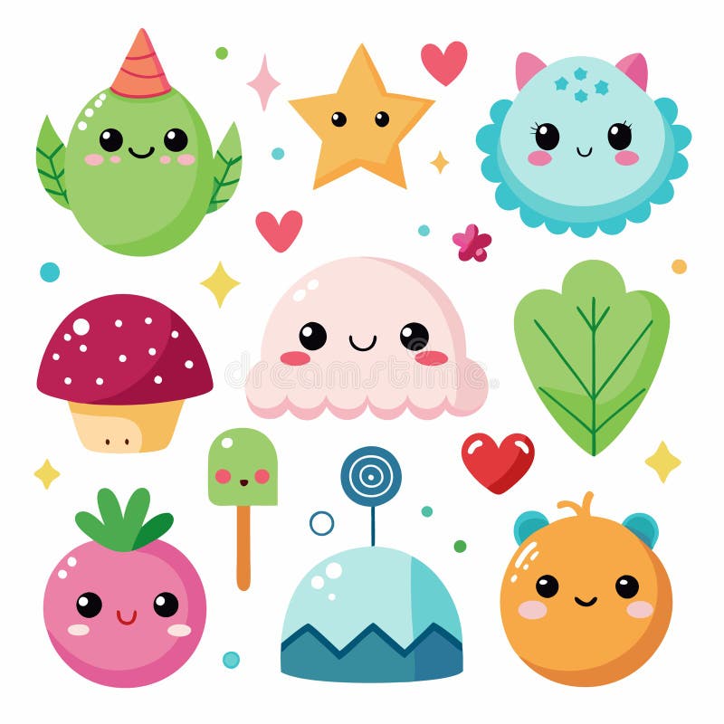 Cute Kawaii Cartoon Characters and Objects Stock Illustration ...
