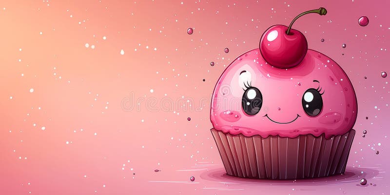 Cute Kawaii Cupcake with a Cherry on Top, Pastel Gradient Background ...