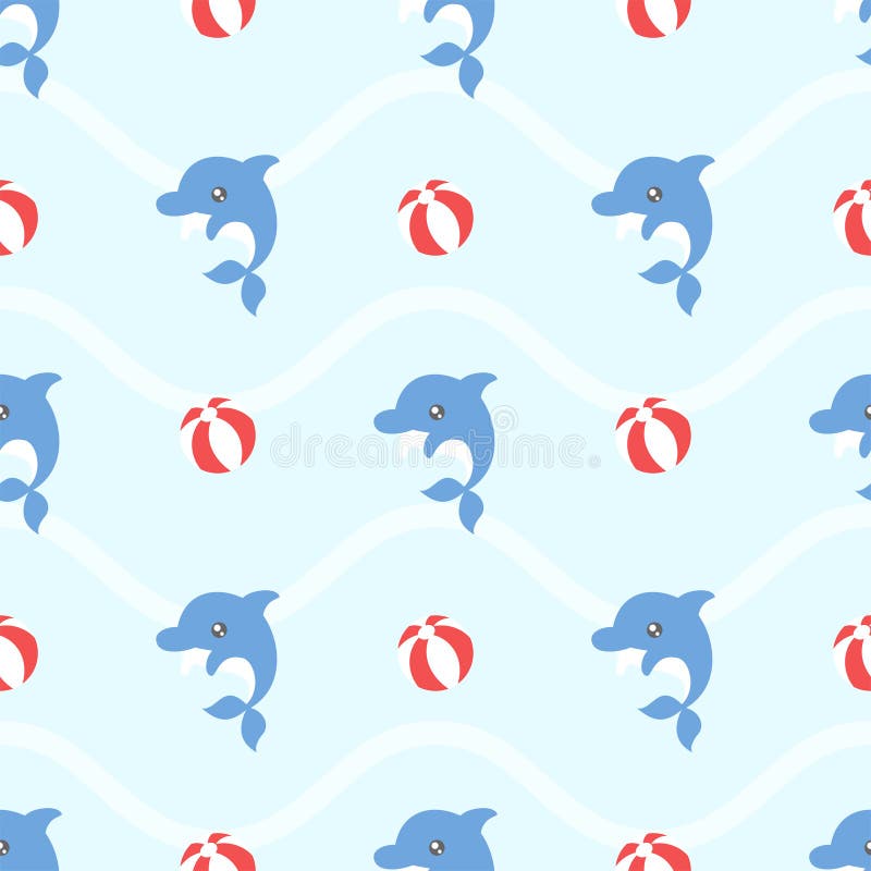 Cute Kawaii Dolphin and Beach Ball Seamless Pattern Stock Vector - Illustration of cute, fauna ...