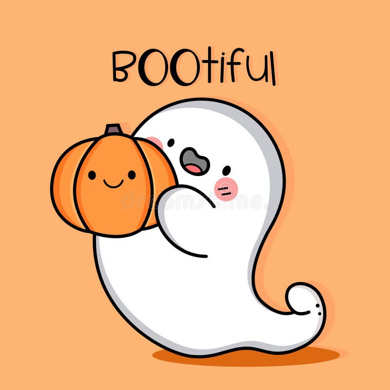Cute Kawaii Ghost Holding Pumpkin. Bootiful Text. Vector Illustration ...
