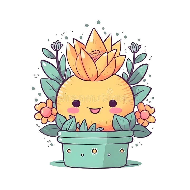 Cute Kawaii Happy Cactus or Succulent with Crown of Flowers in a Pot ...