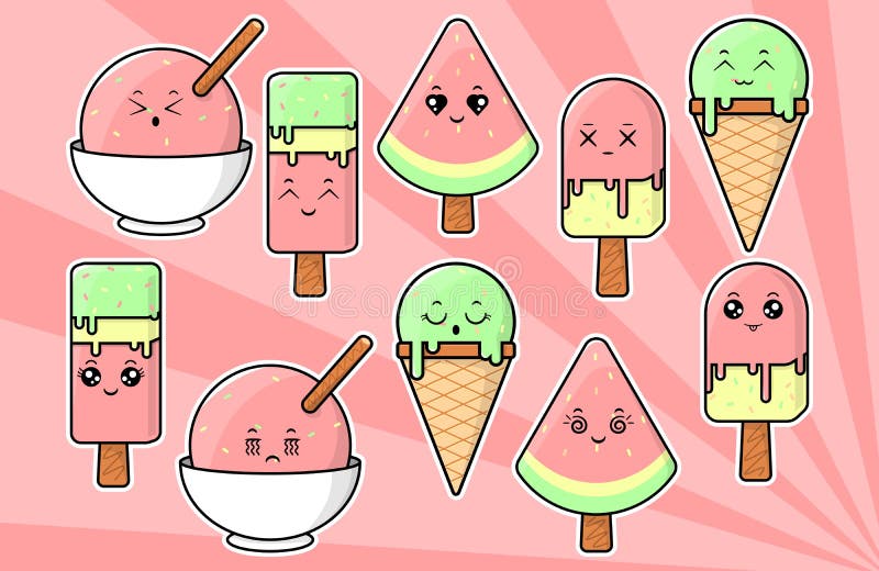 Cute Kawaii Ice Cream Characters with Many Expression Stock Vector ...