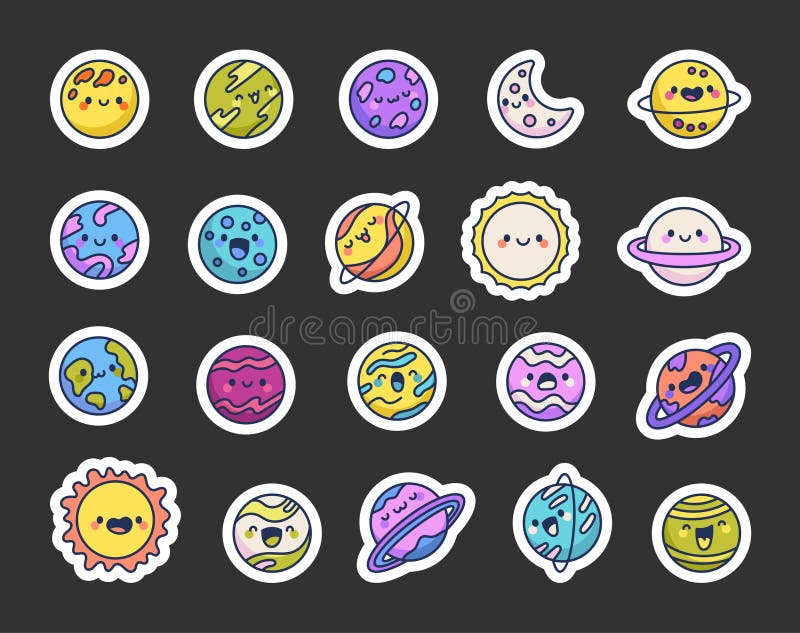 Cute Kawaii Planets. Sticker Bookmark Stock Vector - Illustration of ...