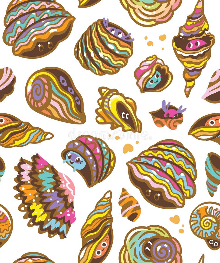 Cute Kawaii Seashells Seamless Pattern, Vector Stock Vector ...