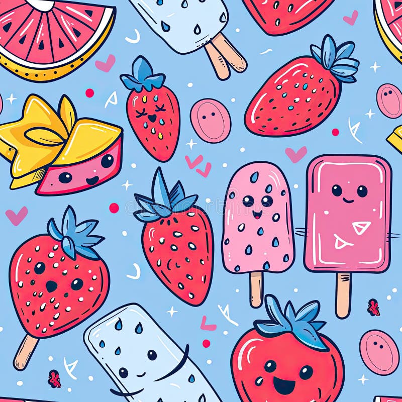 Cute Kawaii Summer Ice Repeating Seamless Pattern Stock Illustration ...