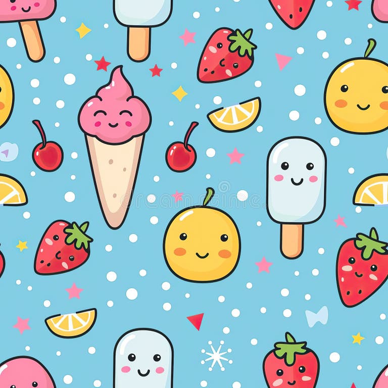 Cute Kawaii Summer Ice Repeating Seamless Pattern Stock Illustration ...