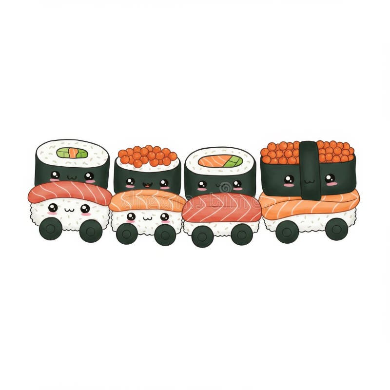 Cute Kawaii Sushi Train Illustration Stock Illustration - Illustration ...
