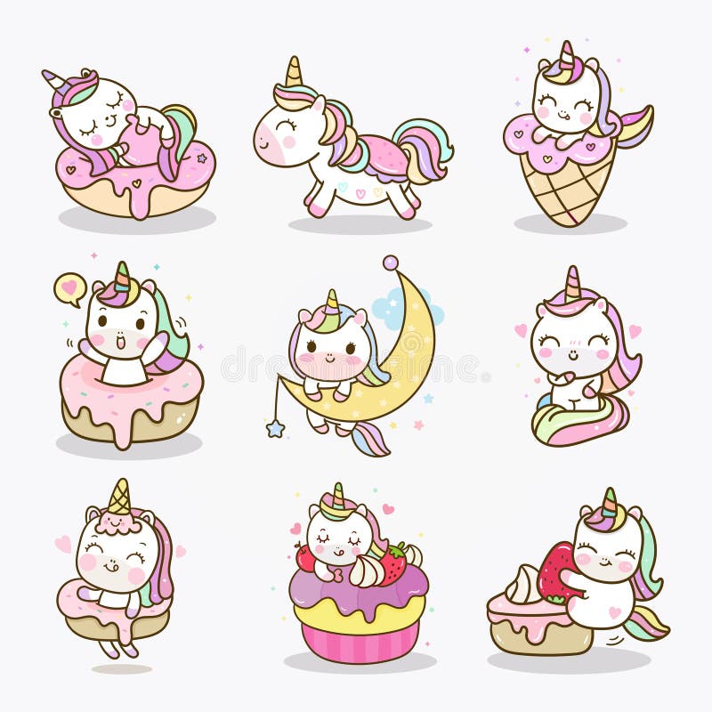 Cute Kawaii Unicorn Vector Set Stock Illustration - Illustration of ...