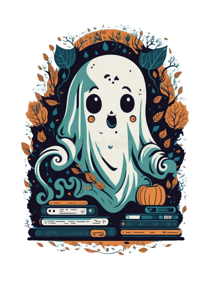 Kawaii White Ghost Reading Books Artwork for Halloween Stock ...
