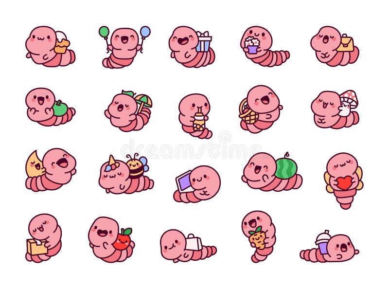 Cute Kawaii Worm with Objects Stock Vector - Illustration of pretty ...