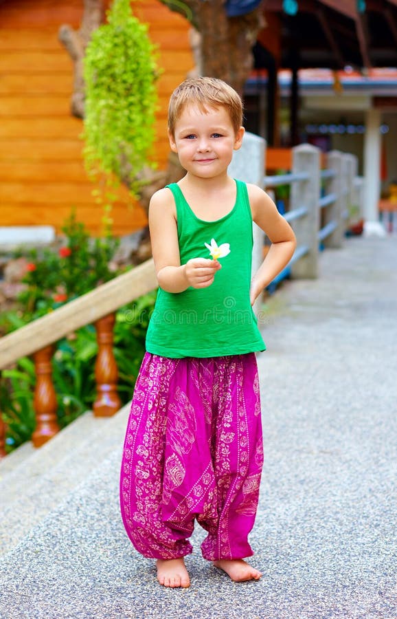 Cute Kid Asian Style Clothes Holding Flower Stock Photos - Free ...