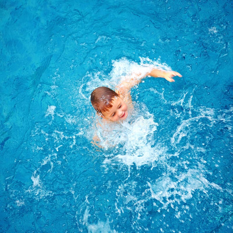 Cute Kid, Boy Dabbling in Pool Water, Top View Stock Image - Image of ...