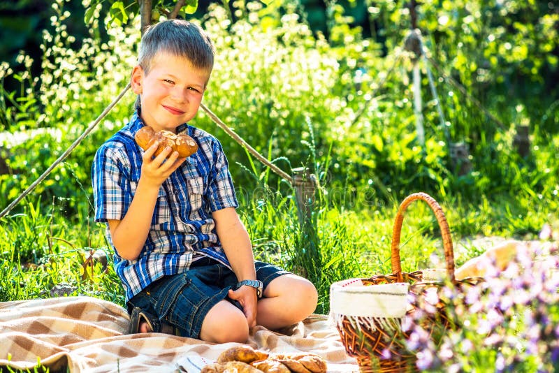 Cute kid boy having picnic stock photo. Image of brother - 54957242