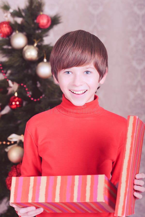 Cute Kid Boy Open Christmas Present in Room Stock Image - Image of ...