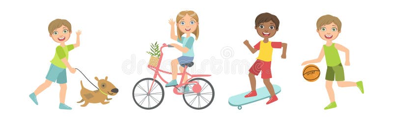 Cute Kid Character Playing and Having Fun Vector Set Stock Illustration ...