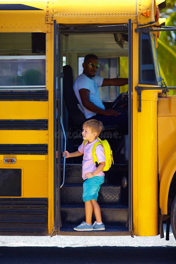 Cute Kid is Getting on the Bus, Ready To Go To School Stock Image ...