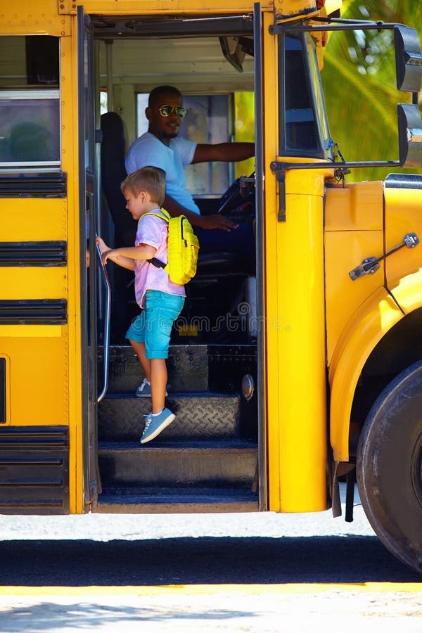 Cute Young Boy Kid Getting School Bus Stock Photos - Free & Royalty ...