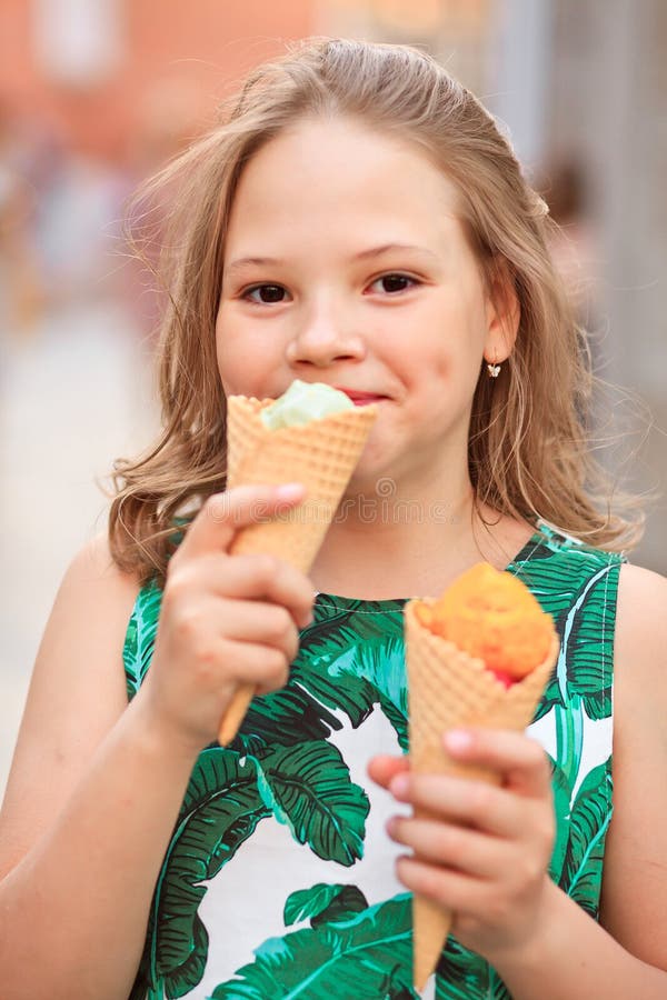 Cute Kid Girl Eating Ice Cream Cone Stock Image - Image of human, funny ...