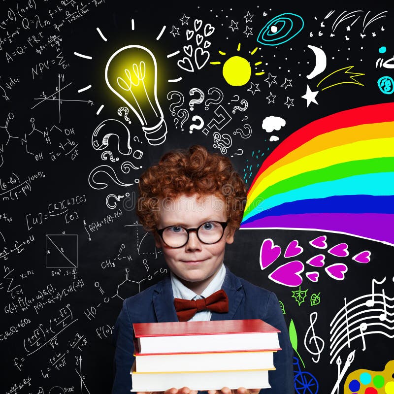 Cute Kid in Glasses Portrait on Science and Arts Background Stock Image ...