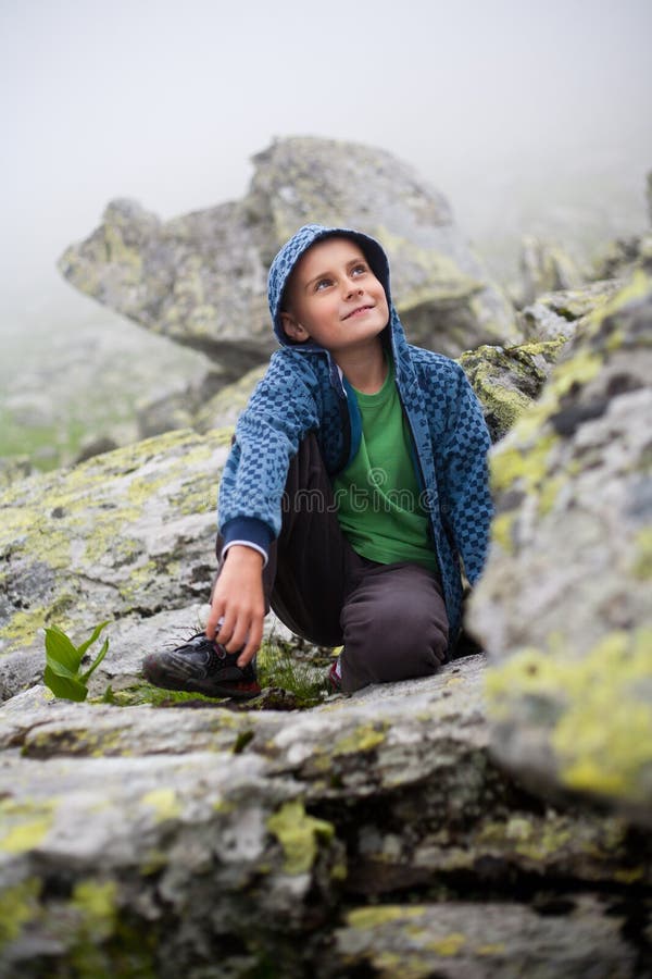 Cute Kid Outdoor in Mountains Stock Photo - Image of schoolboy ...